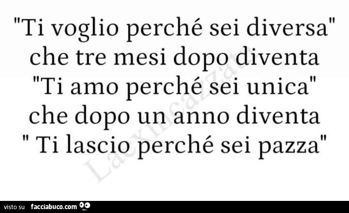 Ti voglio perché sei diversa. Che tre mesi dopo diventa ti amo perché ...